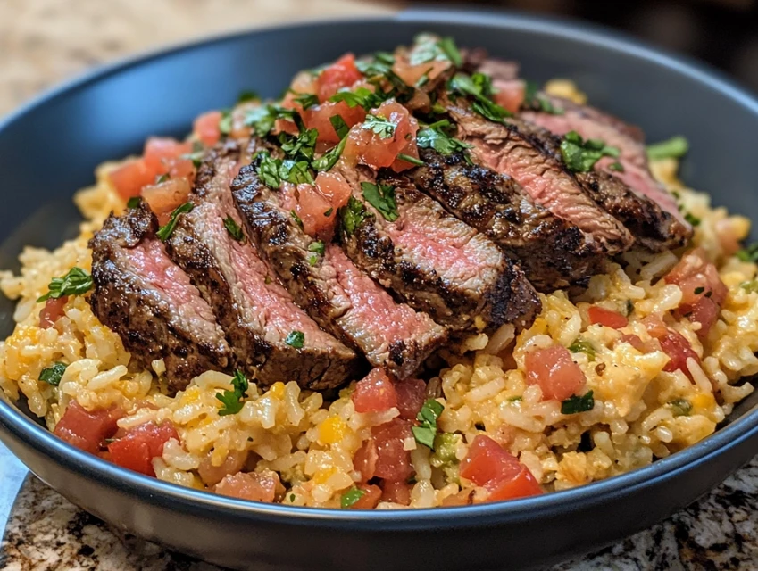 Creamy Queso Rice with Juicy Steak is a must-try dish! - recipeinspired.com
